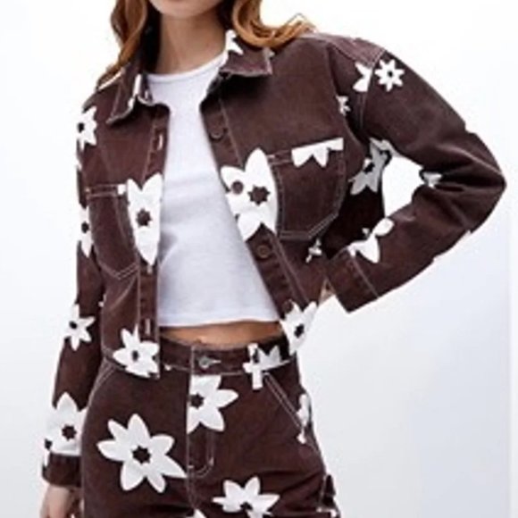 PacSun | Jackets & Coats | Pacsun Brown And White Floral Cropped Jacket ...